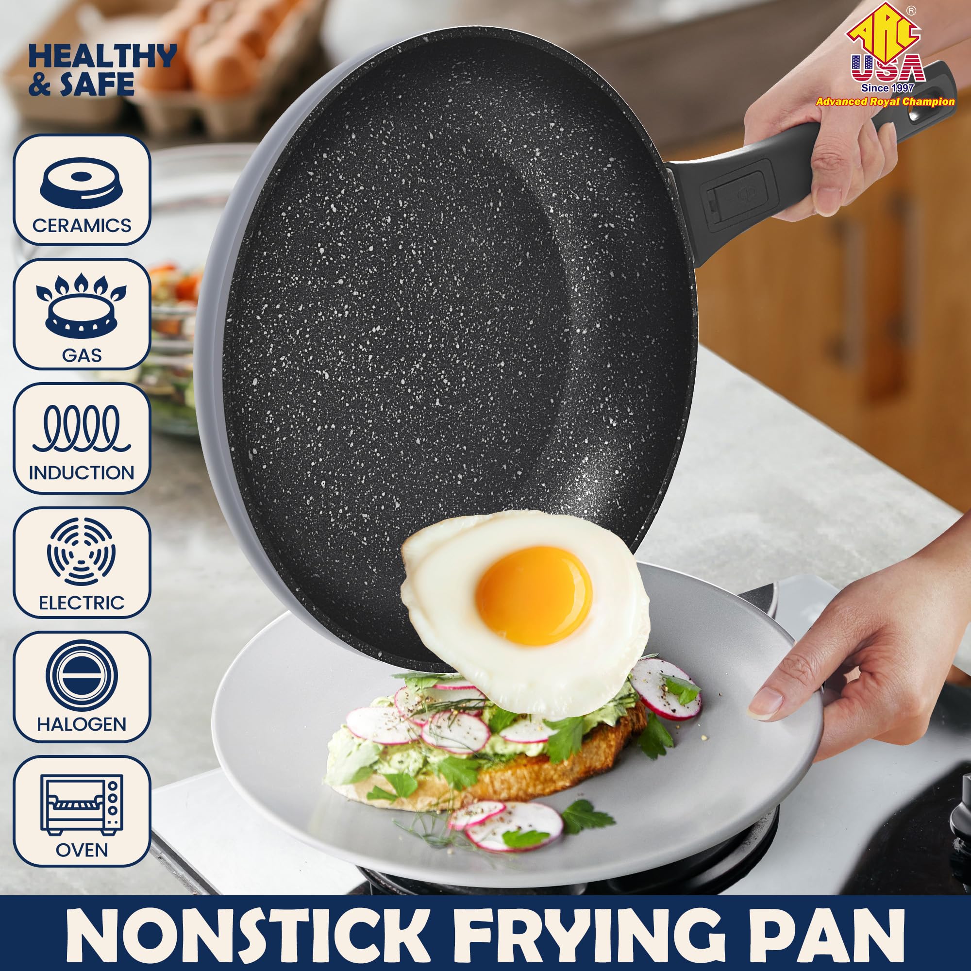 ARC Nonstick Frying Pan Skillet With Removable Handle,10 Inch Skillet with Lid Egg Pan Non Stick Saute Pan, Oven and Dishwasher Safe, PFOA Free Cookware Cooking Pan For Induction Cooktops