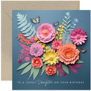 old english company lovely daughter birthday card - dark flower bunch and butterfly outline artwork, blank inside