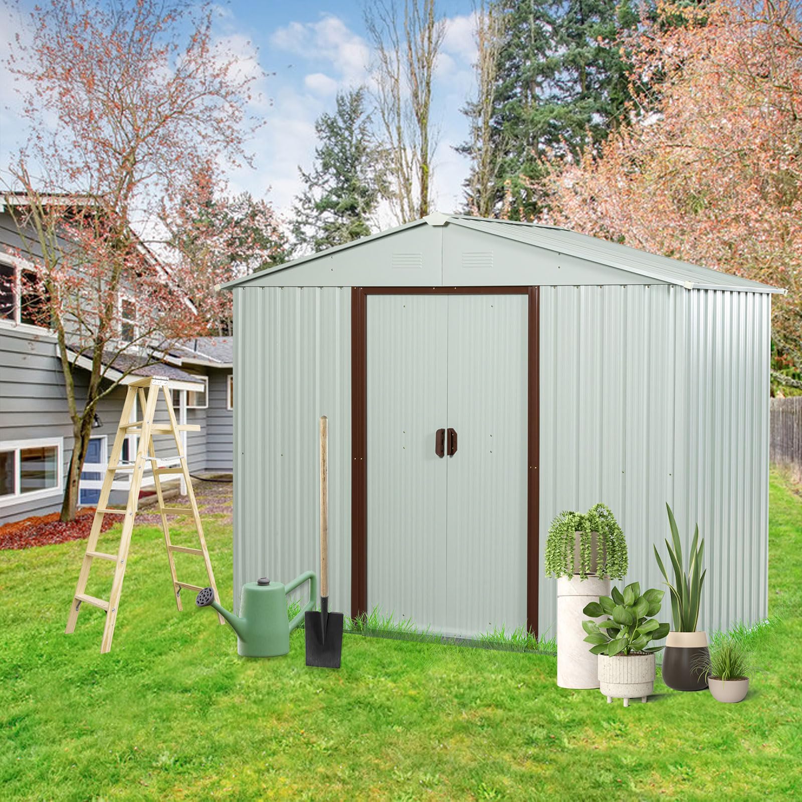 WIIS' IDEA 8 x 4 FT Outdoor Storage Shed, Metal Garden Storage Shed with Lockable Double Doors, Outside Waterproof Tool Shed for Backyard, Patio, Garden, Lawn, White