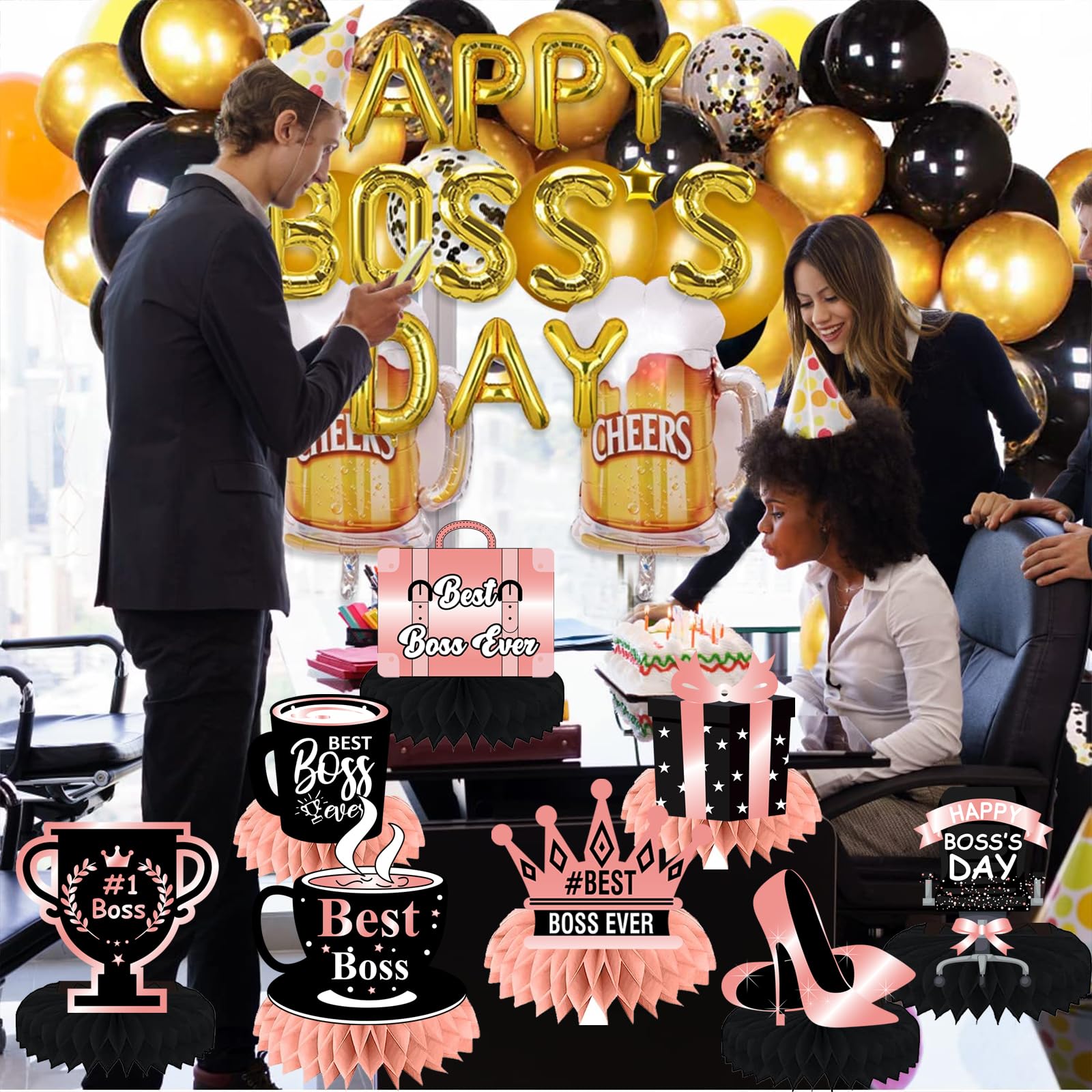 Happy Boss's Day Honeycomb Centerpieces Table Decorations, Best Boss Ever Honeycomb Table Deor Boss Lady Women Office Party Decorations