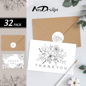 AnyDesign 32 Pack Floral Line Art Thank You Cards Black White Thank You Note Cards with Envelopes Stickers Minimalist Flower Blank Cards for Wedding Birthday Bridal Shower DIY Card Supplies