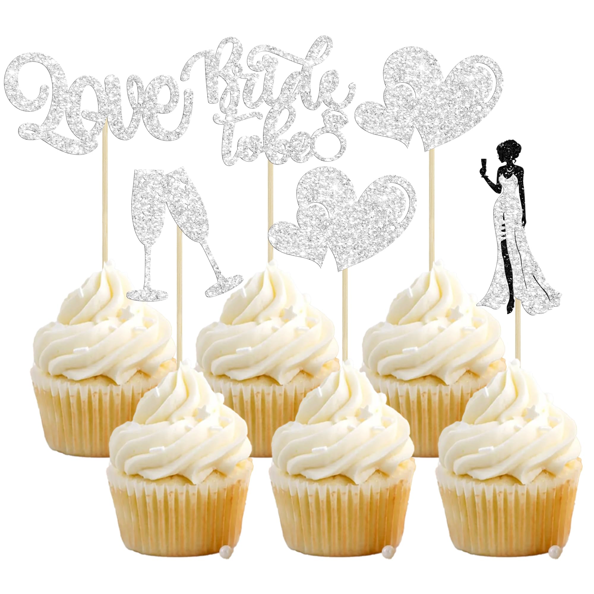 30Pcs Bride to Be Cupcake Toppers with Glitter Love Heart Ring Champagne Bridal Shower Cupcake Picks Decoration for Wedding Engagement Bachelorette Party Supplies Silver