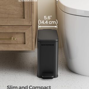 SONGMICS Bathroom Trash Can, 1.3 Gallon (5 L) Small Trash Bin with Lid, Slim for Small Spaces, Stainless Steel Garbage Can, Soft Close, Black ULTB560B05