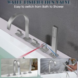 Roman Bathtub Faucet Set with Handheld Sprayer and Rough-in Valve Widespread Deck Mount 5 Hole Classic High Arch Tub Faucets Trim Kit 3 Handle with Diverter Lever Bath Tub Filler (Brushed nickel)