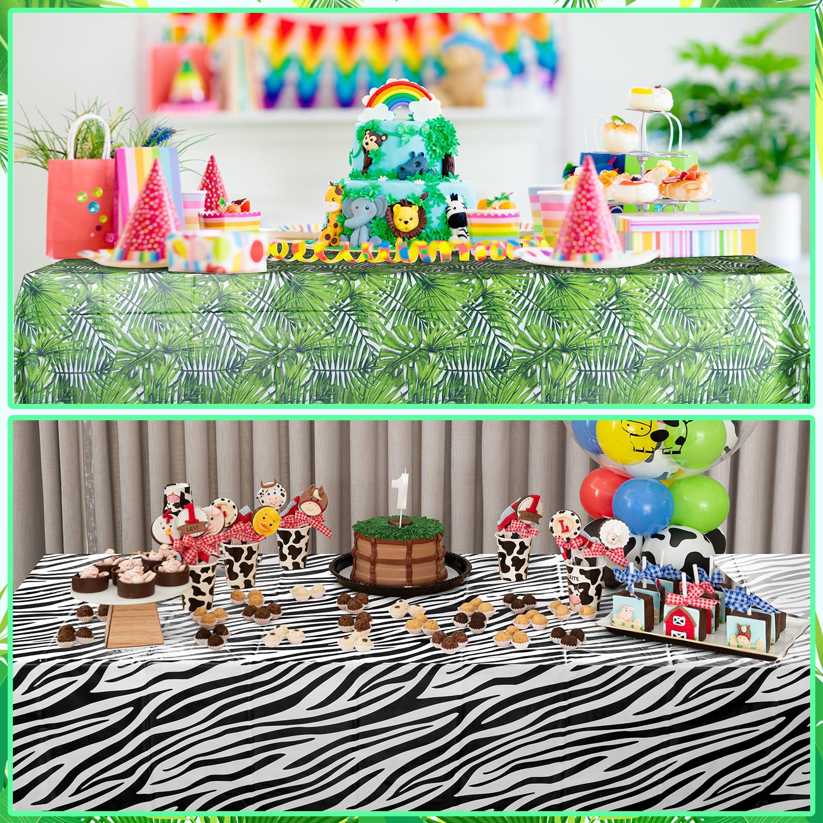 12Pack Animal Safari Tablecloth Jungle Animal Zoo Theme Party Table Cloth Leopard Tiger Zebra Giraffe Palm Leaf Print Table Cover for Jungle Safari Birthday Baby Shower Party Decorations (Six Styles)