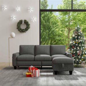 sectional sofa l-shaped couch, couches for living room with reversible storage chaise & side storage pockets, 3-seat linen modular sofa for living room/apartment/dorm/office/small space (dark gray)