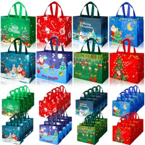 sadnyy 80 pcs large merry christmas gift bags bulk 12.6 x 9.84 x 6.69 inch christmas tote bags reusable holiday treat bags with handle santa snowman deer non woven shopping bag for xmas party supplies