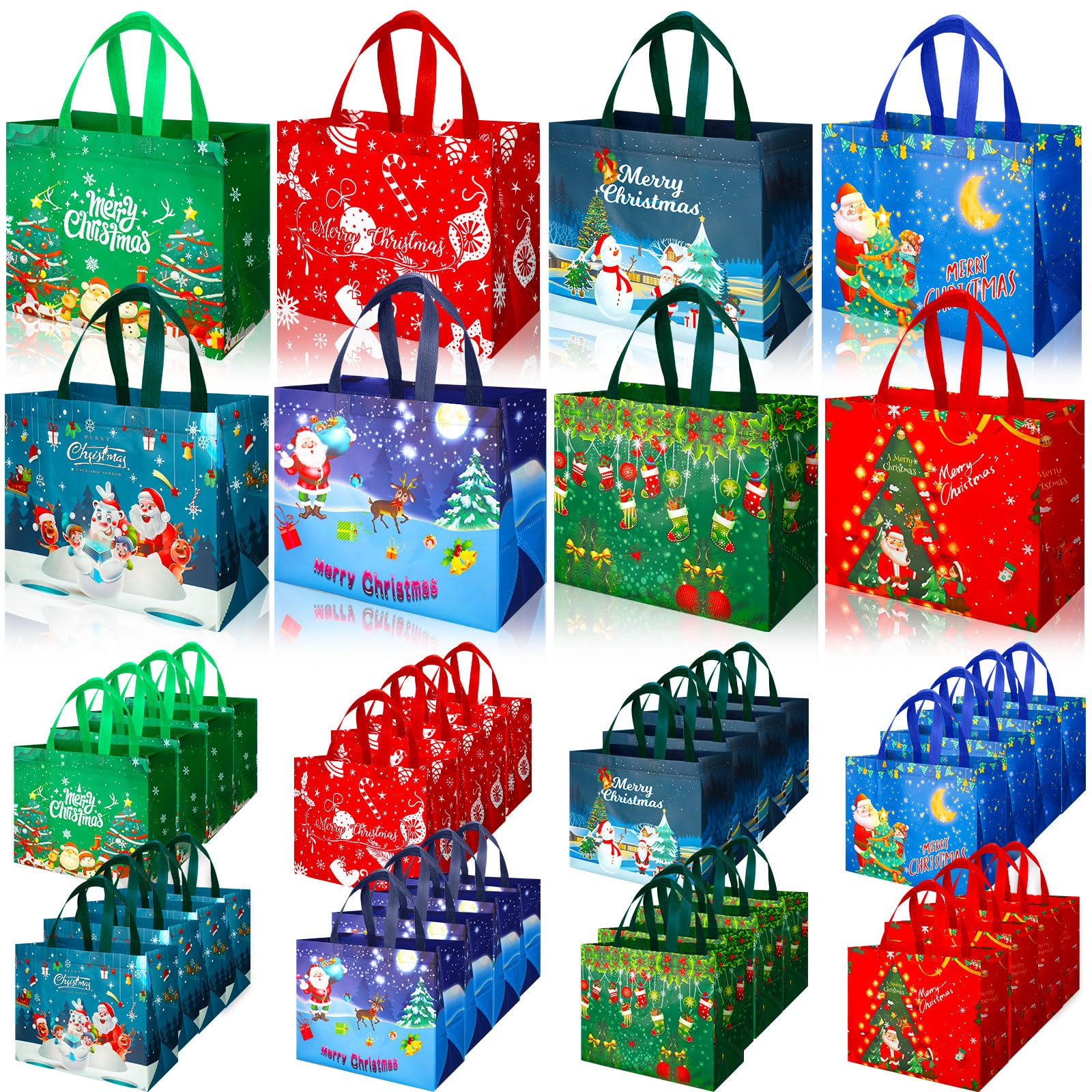 Sadnyy 80 Pcs Large Merry Christmas Gift Bags Bulk 12.6 x 9.84 x 6.69 Inch Christmas Tote Bags Reusable Holiday Treat Bags with Handle Santa Snowman Deer Non Woven Shopping Bag for Xmas Party Supplies