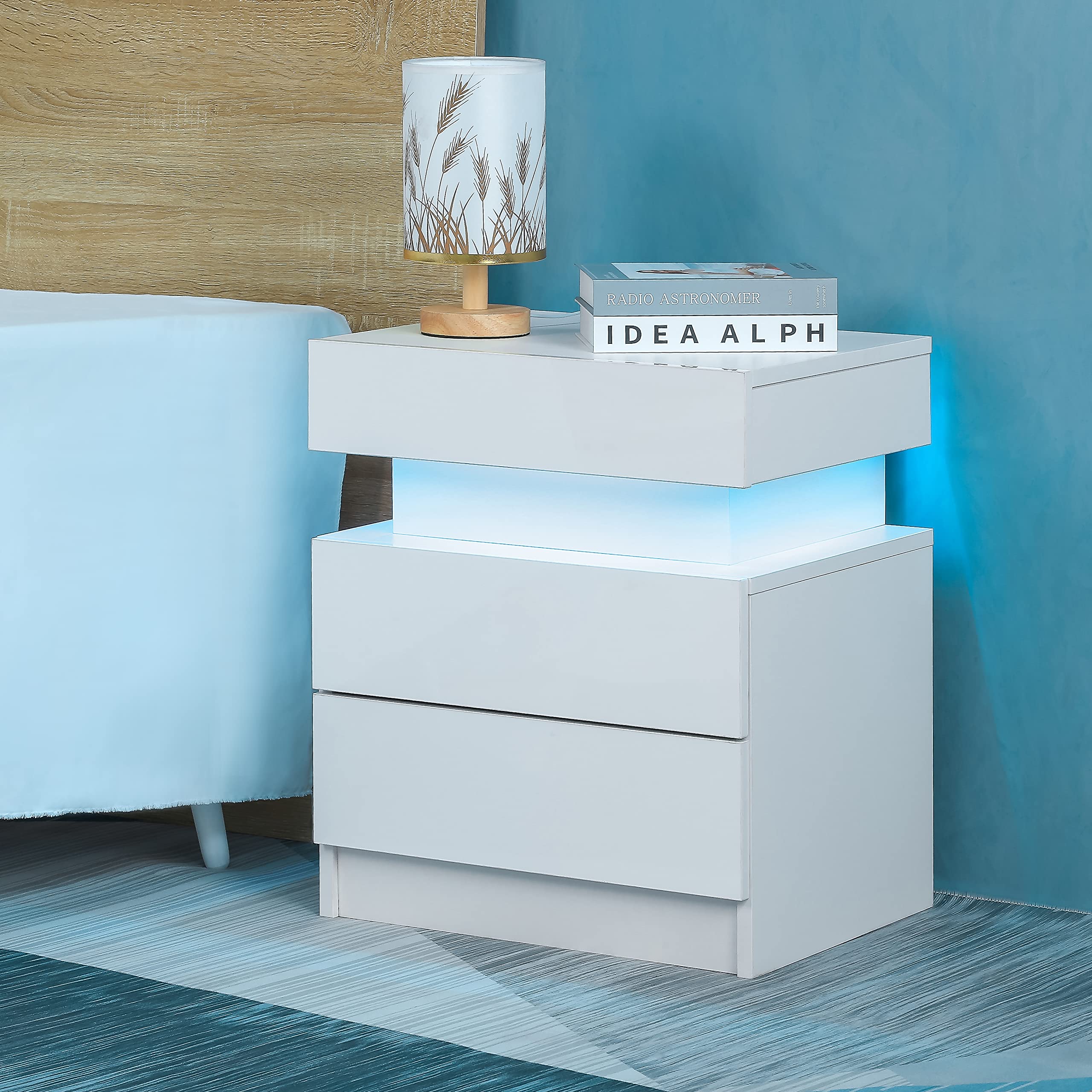 LED Nightstand Modern White Nightstand with Led Lights Wood Led Bedside Table Nightstand with 2 High Gloss Drawers for Bedroom (White)