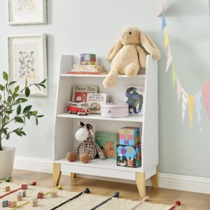 Danya B. Steiner White 3-Tier Kids Book or Toy Figure Display Unit Freestanding Bookshelf with Contrasting Wood-Toned Legs