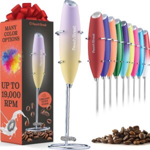 powerful handheld milk frother, mini milk foamer, battery operated (not included) stainless steel drink mixer with frother stand (lavender banana)