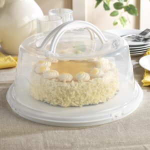 mosjos round cake carrier, bpa-free plastic cake keeper with lid, fits 10” cakes, two secure side closures, dishwasher safe cake transport container (white -)