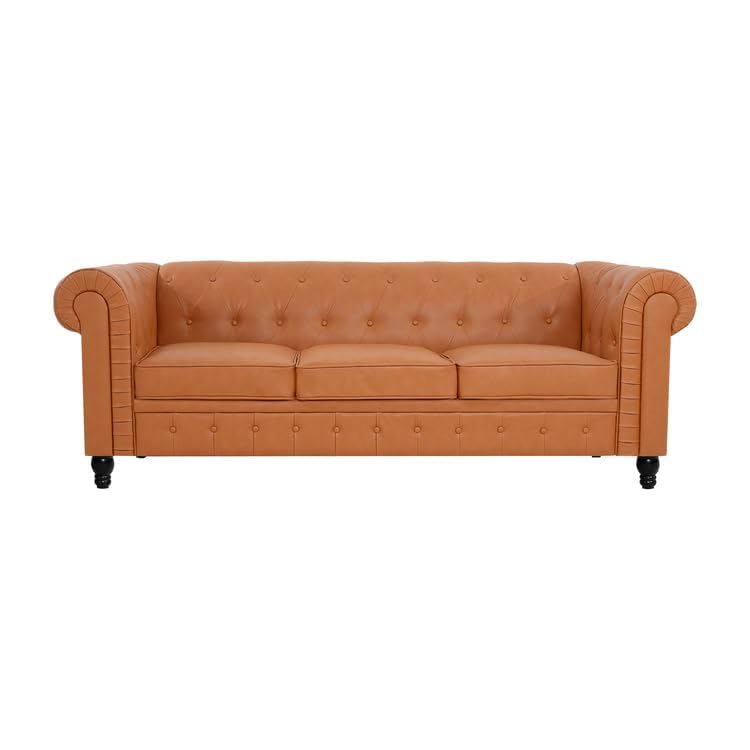 Naomi Home Chesterfield Sofa, Luxurious Comfort for Cozy Living Rooms, Mid-Century Modern Couch, Elegance & Serenity, 3-Seater Sofa Couch for Small Space, Bedroom, Apartment, Caramel, Air Leather