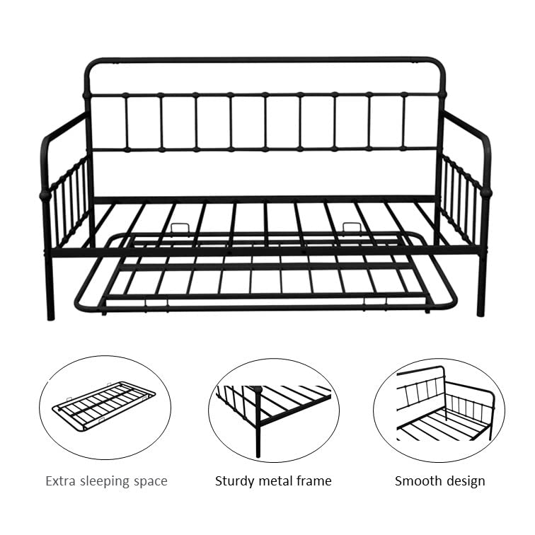 Twin Metal Daybed Frame with Trundle,Heavy Duty Steel Slat Support Space Saving Bed Sofa,Bedroom Living Room Furniture,Black