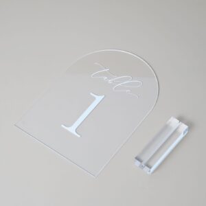 JINMURY Clear Arch Table Numbers for Wedding, 5x7 Inch Arched Acrylic Table Numbers 1-10 with Acrylic Stands, Clear Acrylic Arch Tabletop Sign with Holder for Centerpiece, Reception, Party, Event