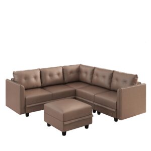 llappuil modular sectional sofa, convertible l shaped sectional couch with storage, faux leather fabric, modular sectionals with chaise, 6 seats sofas for living room, cognac brown