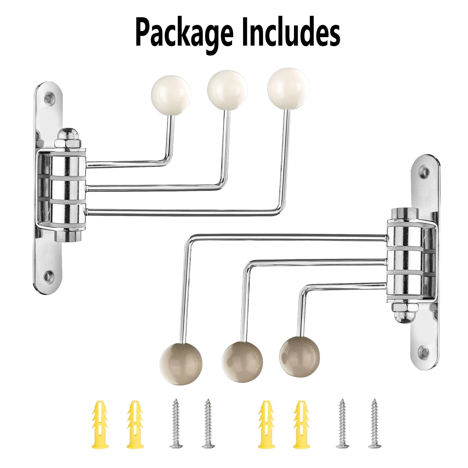 MetFun 2 Pack Decorative Coat Rack Hooks with Free Spinning 3 Wood Hooks Vertical Coat Rack Wall Mount Space-Saving Coat Hanger Hooks for Hanging Coat, Jacket, Bag, Hat, Scarf (White & Tan)