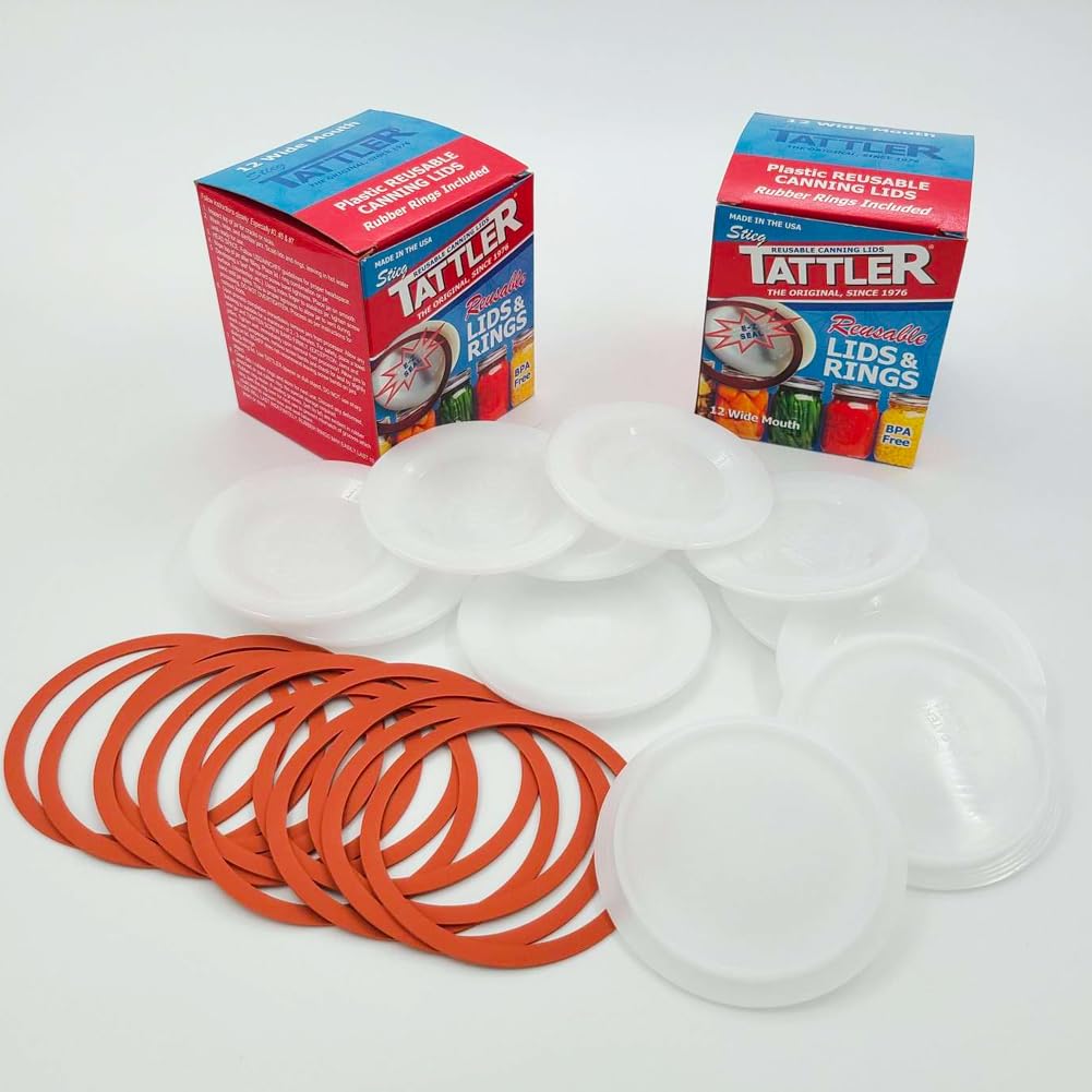 Reusable Canning Lids Bundle Includes 24 Wide Mouth Tattler Lids and Rings and 24 Dissolvable Sunivale Jar Labels For Use With Hot Water Bath, Vacuum Sealer and Pressure Canning Methods Made in USA