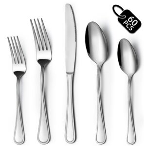 bewos 60-piece silverware set, stainless steel silverware sets for 12, forks spoons and knives set, cutlery set, mirror polished flatware set, dishwasher safe kitchen utensils set for home, restaurant