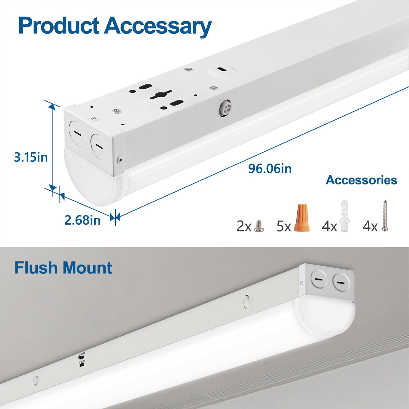 DAKASON 8FT LED Linear Light Fixture, 8 Foot LED Shop Lights 80/70/60W 35/40/5000K CCT Selectable, 8 Feet Commercial Bay Lighting Fluorescent Tube Replacement for Garage Warehouse 4 Pack