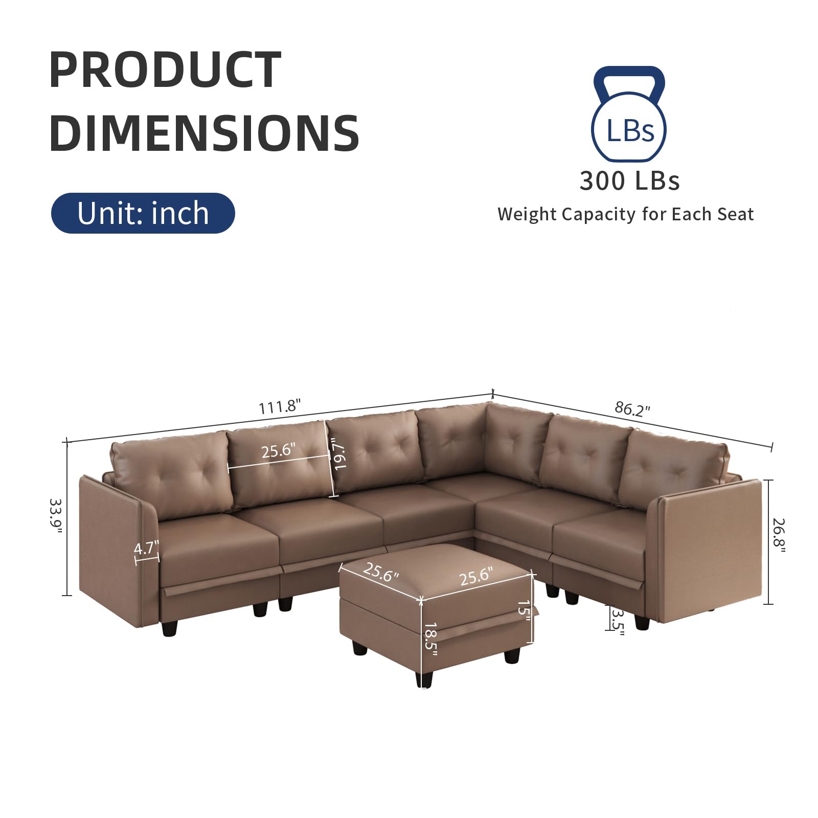 LLappuil Modular Sectional Sofa, Convertible L Shaped Sectional Couch with Storage, Faux Leather Fabric, Modular Sectionals with Chaise, 6 Seats Sofas for Living Room, Cognac Brown