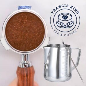 Francis King 20oz Stainless Steel Espresso Milk Steaming Pitcher with Latte Art Pen. 304 Stainless Steel with Embossed Measurements. Milk Foam and Frothing Pitcher. Barista Coffee Accessories