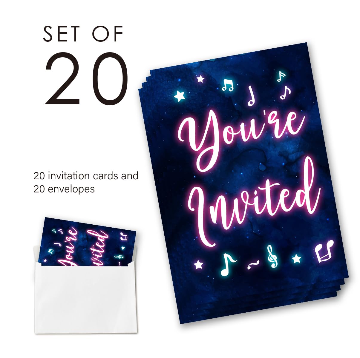 EUDOSI Pop Star Music Birthday Party Invitations Supplies Fill-In Set of 20 with Envelopes Singing Birthday Bash Invites Cards, Double Sided