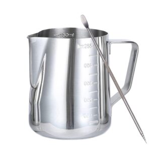 francis king 20oz stainless steel espresso milk steaming pitcher with latte art pen. 304 stainless steel with embossed measurements. milk foam and frothing pitcher. barista coffee accessories