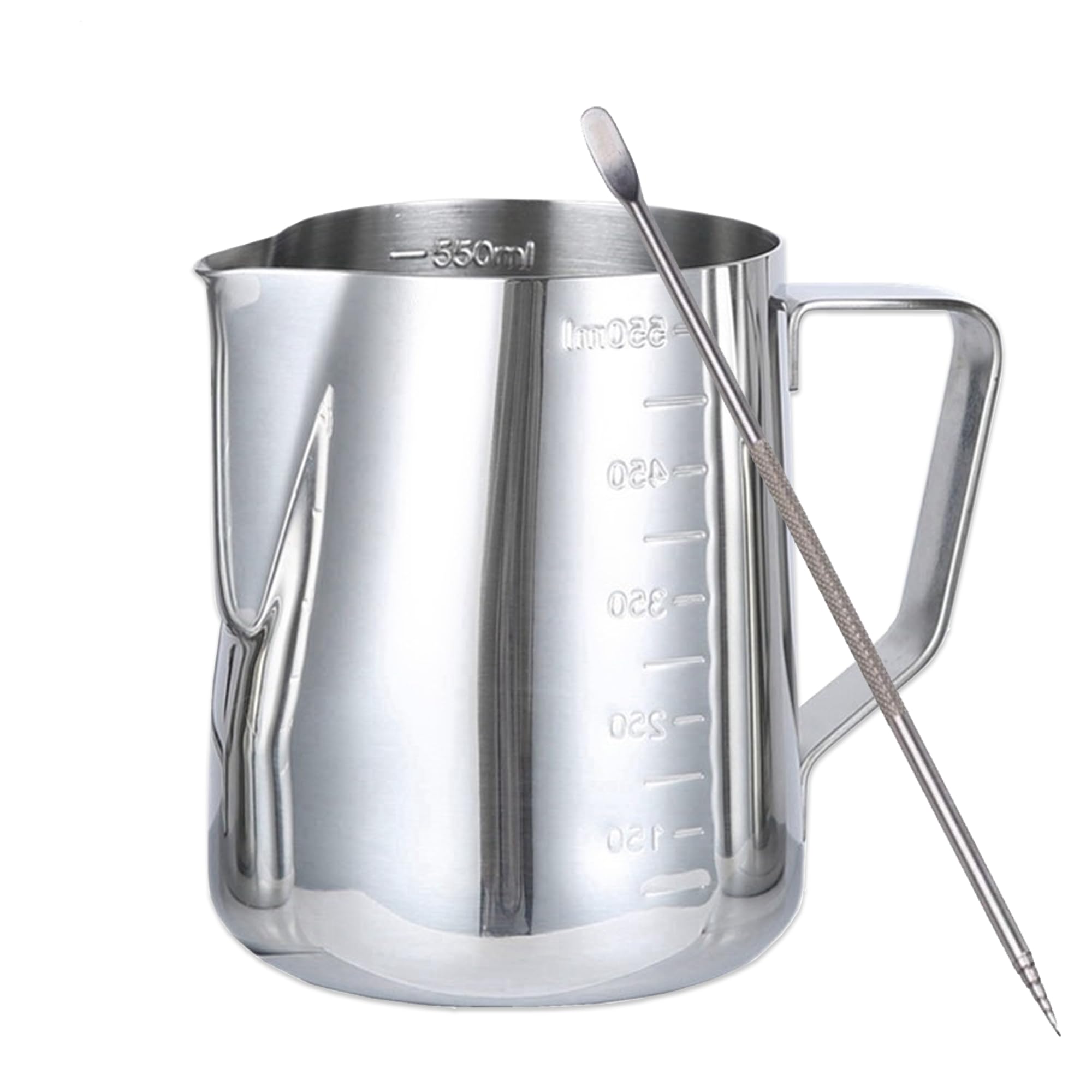 Francis King 20oz Stainless Steel Espresso Milk Steaming Pitcher with Latte Art Pen. 304 Stainless Steel with Embossed Measurements. Milk Foam and Frothing Pitcher. Barista Coffee Accessories