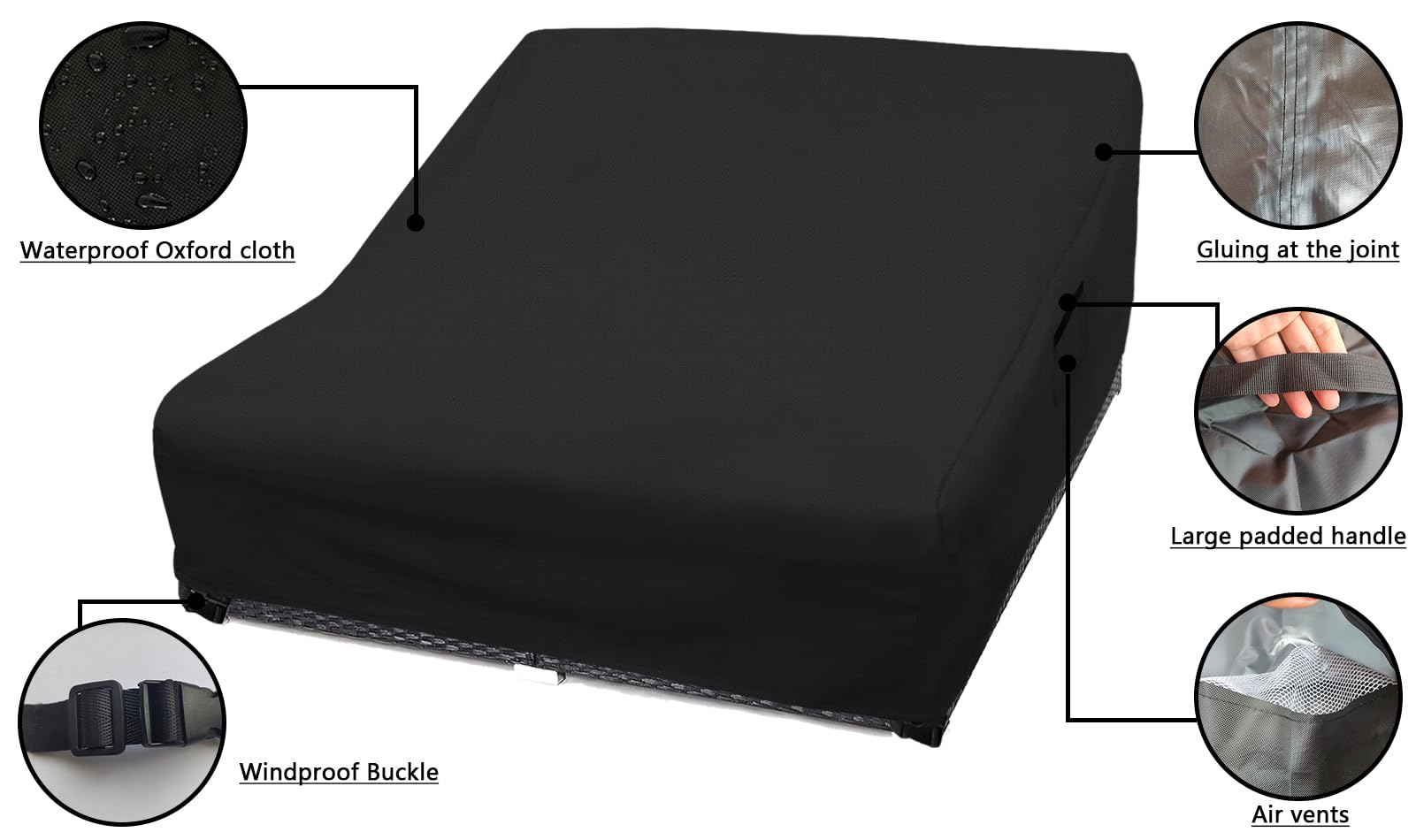 WORUO Outdoor sunbed waterproof cover, heavy-duty rattan sofa chair cover, 600D tear resistant, UV resistant, waterproof courtyard furniture cover, black