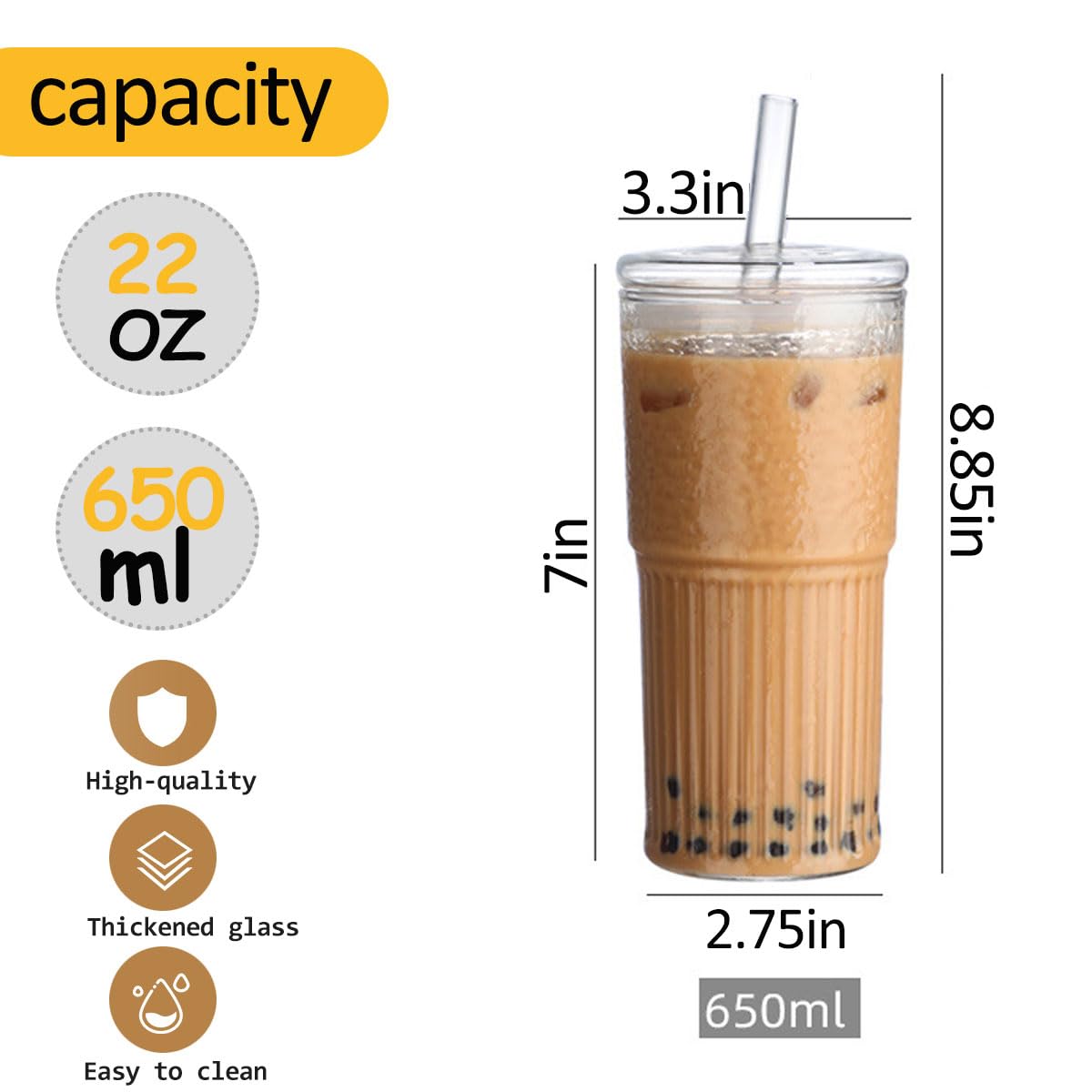 4 Packs 22 oz Glass Cups with Lids and Straws, Ribbed Glass Coffee Mug, Tumbler Water Glass, Reusable Water Bottle Wide Mouth Smoothie Cups, Thick Wall Glass Coffee Iced Tea Cup Pearl Tea,Juice