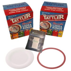 reusable canning lids bundle includes 24 wide mouth tattler lids and rings and 24 dissolvable sunivale jar labels for use with hot water bath, vacuum sealer and pressure canning methods made in usa