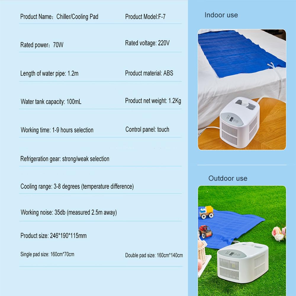 BrightFootBook 70W Bed Cooling System Water Cooling Pad for Bed, 2 Gear Adjustment, 1-9 Hour Timing, Summer Mattress Cooling,Single or Double The Mattress Cooler,140x160cm