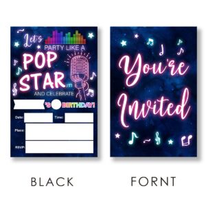 EUDOSI Pop Star Music Birthday Party Invitations Supplies Fill-In Set of 20 with Envelopes Singing Birthday Bash Invites Cards, Double Sided