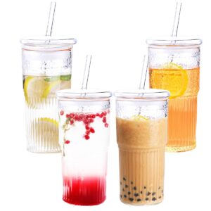 4 packs 22 oz glass cups with lids and straws, ribbed glass coffee mug, tumbler water glass, reusable water bottle wide mouth smoothie cups, thick wall glass coffee iced tea cup pearl tea,juice