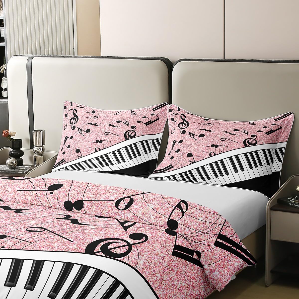 Twin Size Duvet Cover Music 100% Pure Cotton Bedding Set Black Piano and Musical Note Bedding Set Pink Glitter Comforter Cover for Room Decor Twin Size 2 PCS