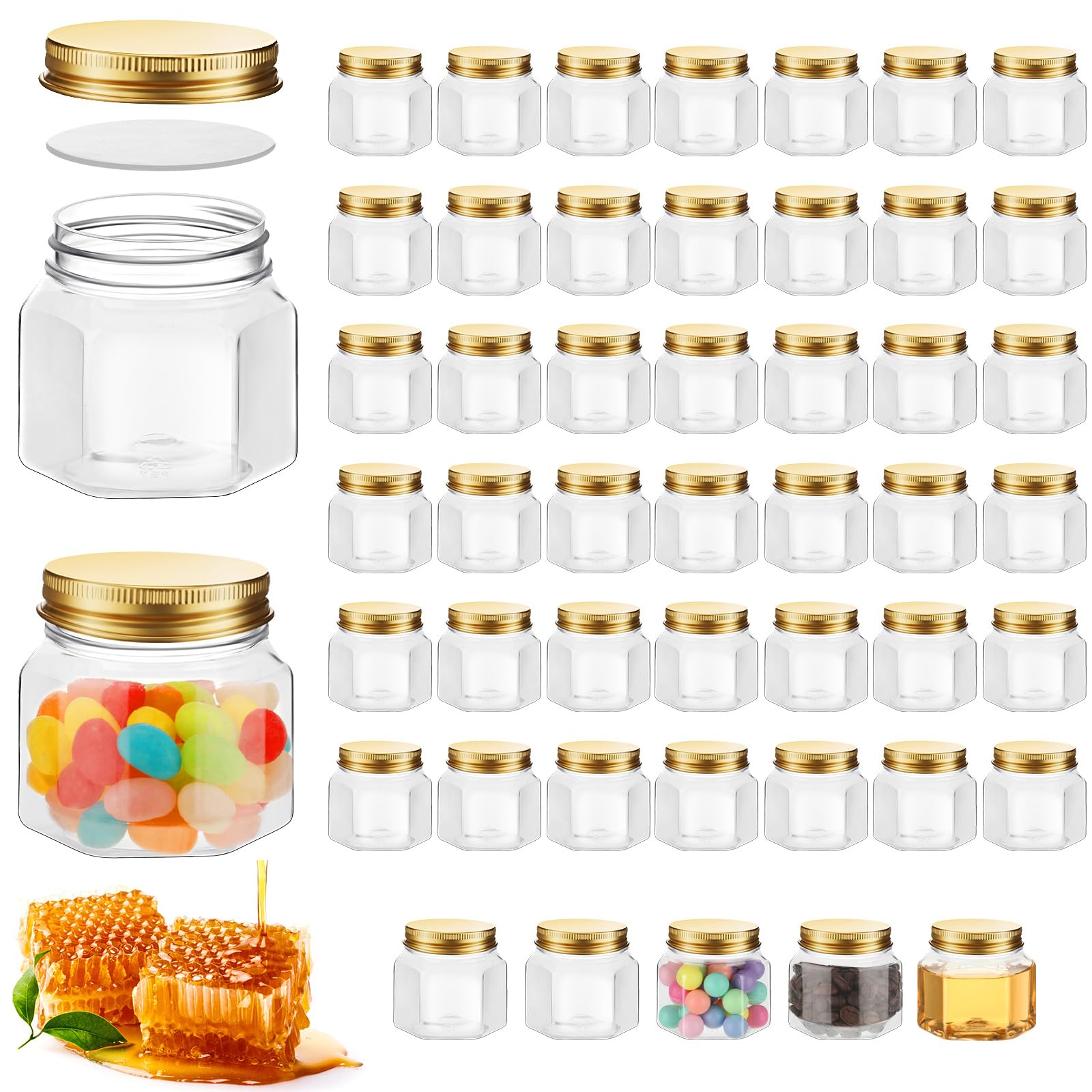 Dandat 50 Pcs 3 oz Hexagon Plastic Jars with Lids Mini Honey Jars Wide Mouth Canning Jars Small Spice Jars for Party Wedding Favors, Baby Shower, DIY Gift, Jelly, Herb, Jams, Candy (Gold)