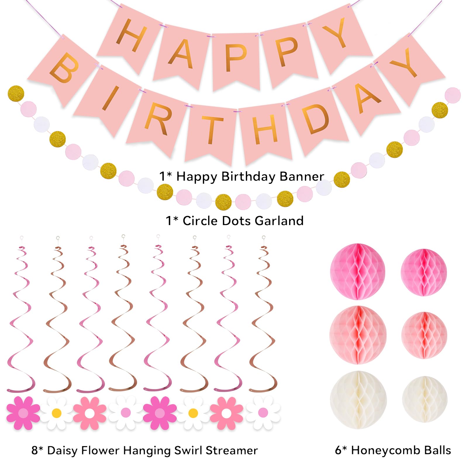 meowtastic Pink Birthday Decorations - Pink Happy Birthday Banner with Honeycomb Ball, Daisy Flower Hanging Swirl Streamer, Circle Dot Garland Decoration - Birthday Party Decoration for Women Girls