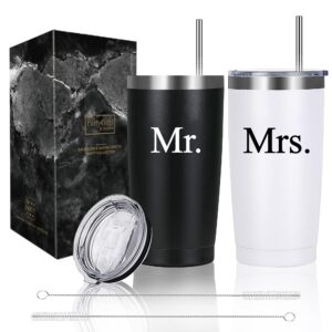 partygifts&beyond mr and mrs cups wedding honeymoon essential gifts 2 pcs 20 oz stainless steel couple tumblers for bride and groom (bold)