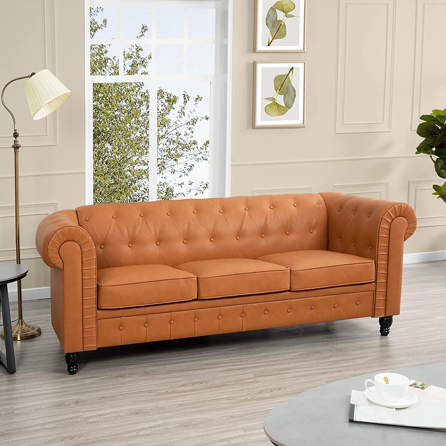 Naomi Home Chesterfield Sofa, Luxurious Comfort for Cozy Living Rooms, Mid-Century Modern Couch, Elegance & Serenity, 3-Seater Sofa Couch for Small Space, Bedroom, Apartment, Caramel, Air Leather