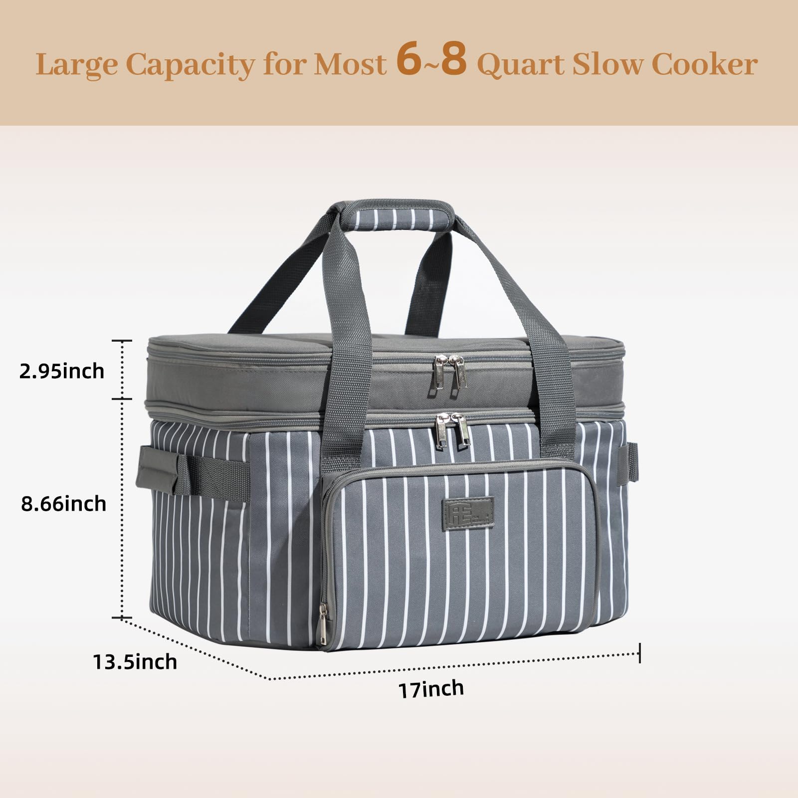 Fun Elements Double Layer Slow Cooker Carrier Bag for 6-8 Quart Oval CrockPot, Insulated Crock Pot Travel Bag with Support Pad and Adjustable Straps, Top Zip Compartment and Front Pocket for Utensils