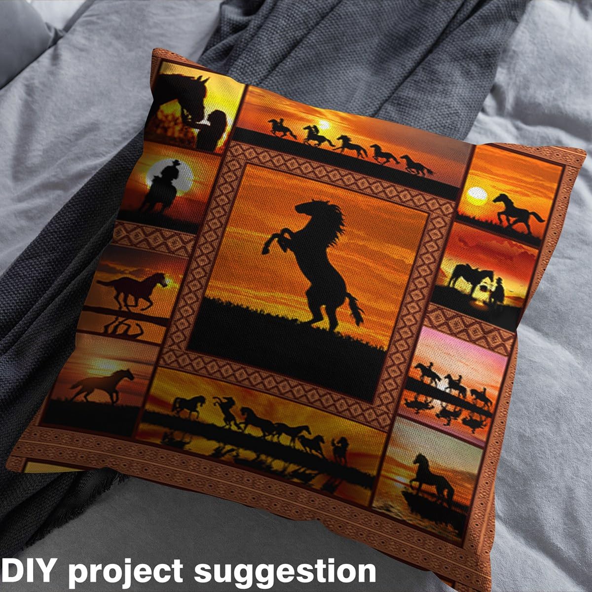 Horse Fabric by The Yard, Western Cowboys Upholstery Fabric, Farmhouse Sunset Decorative Fabric, Horse Silhouette Outdoor Fabric, Wild Animals Patchwork Waterproof Fabric for Sewing, Yellow, 1 Yard