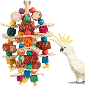 lovyococo parrot toys bird toys natural corn cob bird chew toys for small and medium-sized macaws,african grey,cockatoos,amazon parrots,parakeet,cockatiel,sun conure, lovebird with wooden blocks