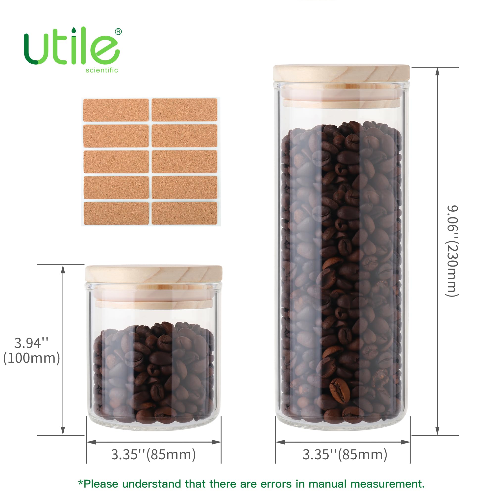 Utile 4 Pcs Heavy Wall Glass Food Jar Set with Lid, 2 Pcs Vol.440ml/14.9oz, 2 Pcs Vol.1080ml/36.5oz, Glass Airtight Food Storage Canisters for Oats, Coffee and More 4045.2001.1