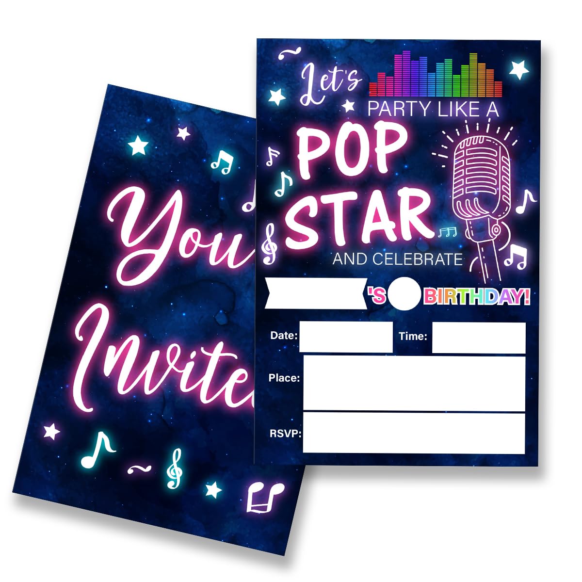 EUDOSI Pop Star Music Birthday Party Invitations Supplies Fill-In Set of 20 with Envelopes Singing Birthday Bash Invites Cards, Double Sided