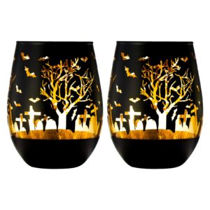 the wine savant crystal stemless spooky wine glasses - set of 2 - themed vibrant black & gold spooky ghost pattern frosted glass, themed gothic parties, graveyard black gifts (16 oz)