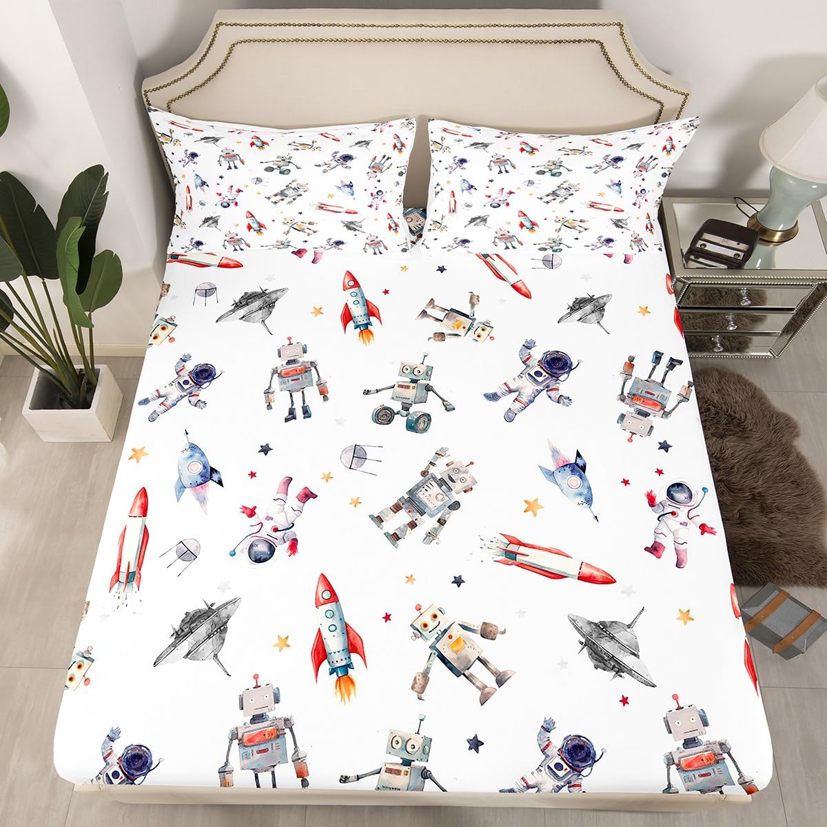 Cute Robot Rocket Fitted Sheet Twin Size,Kids Astronaut Universe Exploration Bedding Set for Boys Teens Bedroom Decor,Cartoon UFO Starry Sky Galaxy Bed Sheet Soft White Deep Pocket Sheet 2Pcs