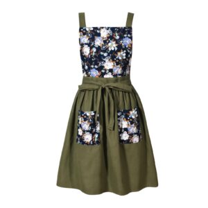 pinknoke vintage pinafore apron dress for women with pockets cute floral chef aprons for kitchen cooking baking gardening (olive green)