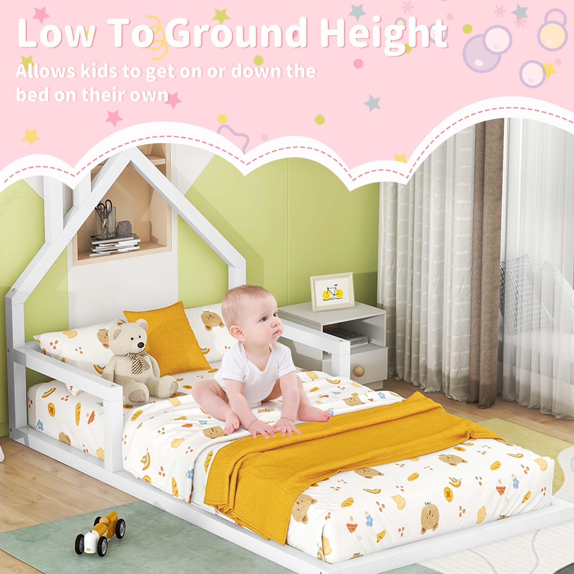 Floor Bed for Kids, Twin Size Montessori Bed with House Shape Headboard and Railings, Wood House Bed with Slats for Boys Girls, Low to Ground Height, No Box Spring Needed, White