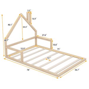 MERITLINE Full Size Floor Bed with House-Shaped Headboard, Full Montessori Floor Bed Wood Frame, No Box Spring Needed, for Kids Teens Girls Boys (Natural)